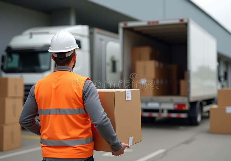 Logistics Worker Carrying a Box in a Warehouse with Trucks in the ...