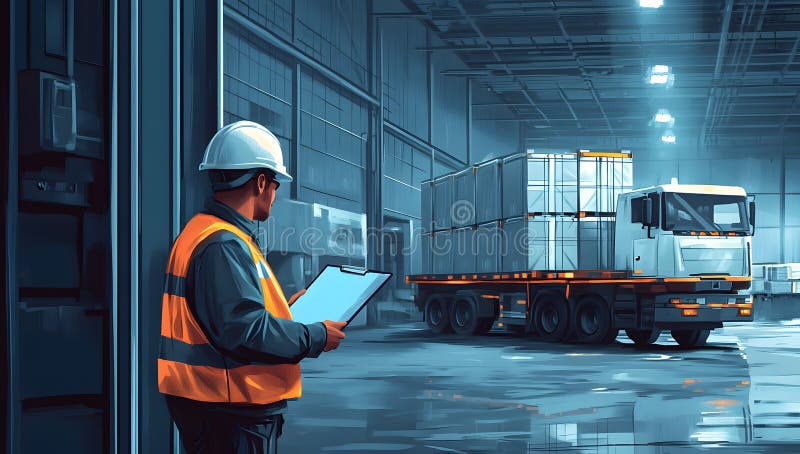 Logistics Worker Overseeing Cargo Loading at Warehouse with Truck and ...