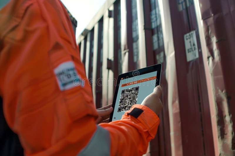 Logistics Worker Scanning QR Code on Tablet by Cargo Containers Stock ...
