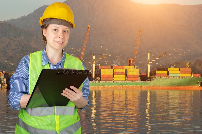 Logistics Worker in the Seaport, Cargo Containers and Cranes Stock ...