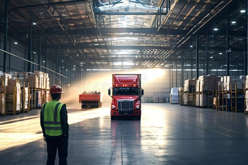 Supervisor Watching Loading Semi-truck in Distribution Warehouse Stock ...