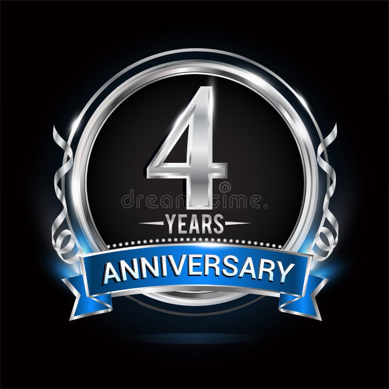 Logo Celebrating 4th Years Anniversary with Silver Ring and Blue Ribbon ...