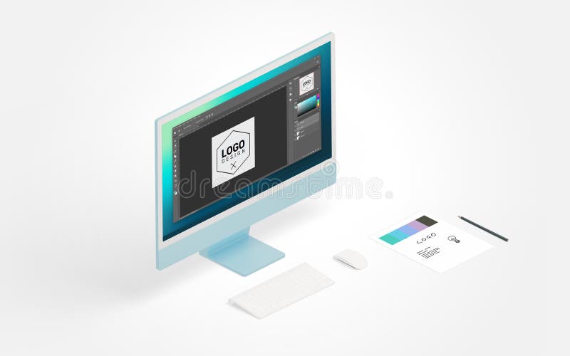 Logo Creation Process on Computer Display, Alongside Paper Sketch and ...