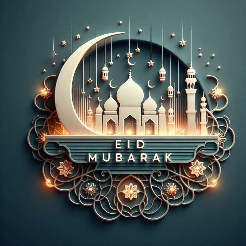 Logo 3d Eid Mubarak Floral and Mosque Stock Illustration - Illustration ...