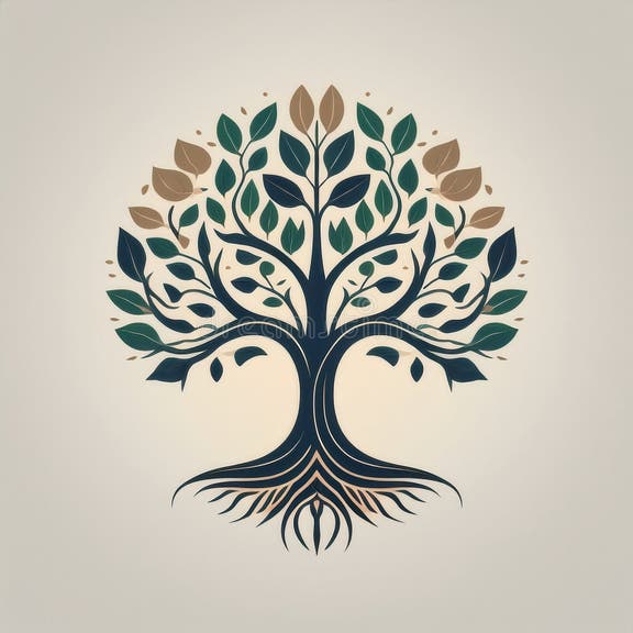 Stylized Tree Logo Featuring Branches, Leaves, Trunk, and Roots ...