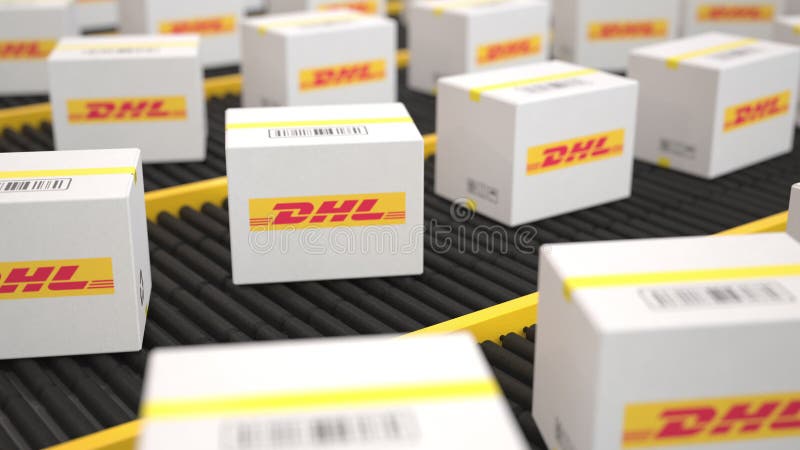 Logo of DHL on the White Boxes on the Conveyor. Editorial Loopable 3D ...