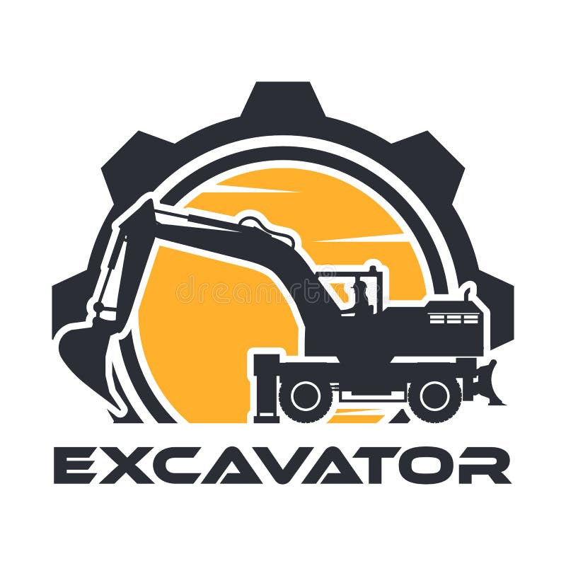 Logo with Gear and Operator Driving a Heavy Machinery Wheeled Excavator ...