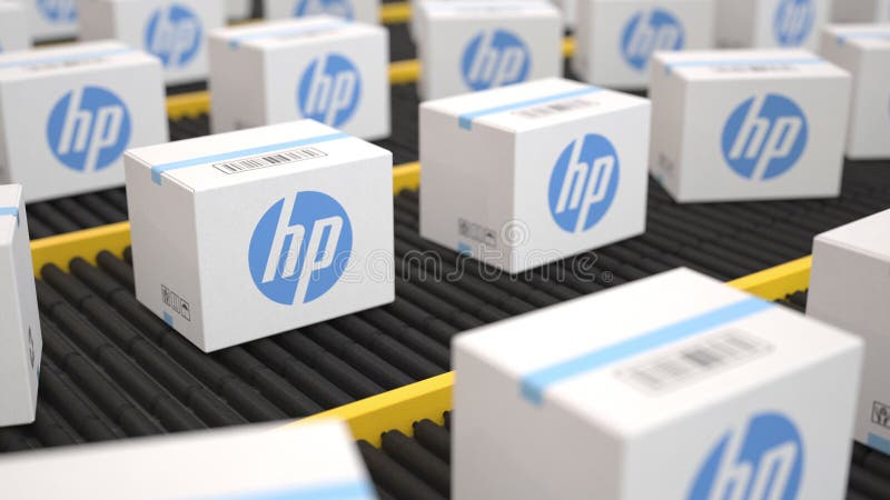 Logo of HP on the White Boxes on the Conveyor. Editorial 3D Rendering ...