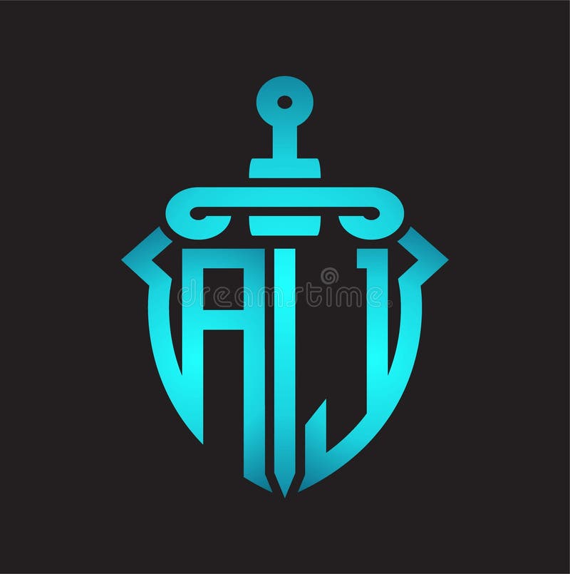 AJ Logo Monogram with Sword and Shield Combination Isolated Blue Colors ...