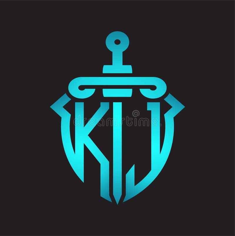 KJ Logo Monogram with Sword and Shield Combination Isolated Blue Colors ...