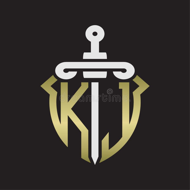KJ Logo Monogram with Sword and Shield Combination Isolated with Gold ...