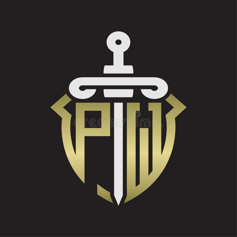Pw Logo Monogram With Sword And Shield Combination Isolated With Gold Colors Stock Vector