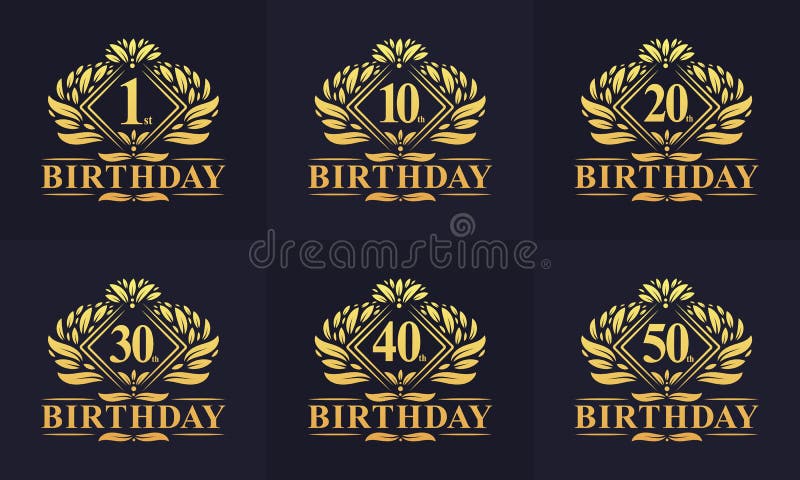 Logo Op Vintage Retro-verjaardag. Luxe Gouden Verjaardagslogo Bundel ... Logo Op Vintage Retro-verjaardag. Luxe Gouden Verjaardagslogo Bundel ...