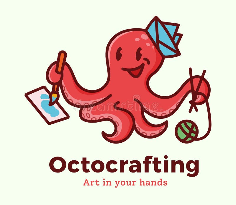 Logo Red Octopus in a Paper Hat Draws and Knits. Vector Image Stock ...