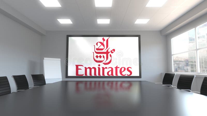Emirates Airline Logo on the Screen in a Meeting Room. Editorial 3D ...