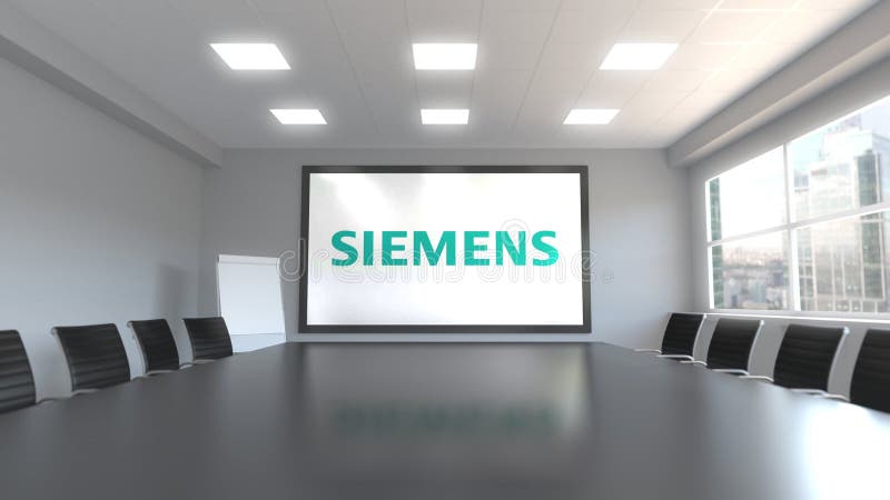 Siemens Logo on the Screen in a Meeting Room. Editorial 3D Rendering ...