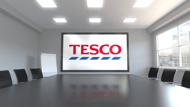 Tesco Logo on the Screen in a Meeting Room. Editorial 3D Rendering ...