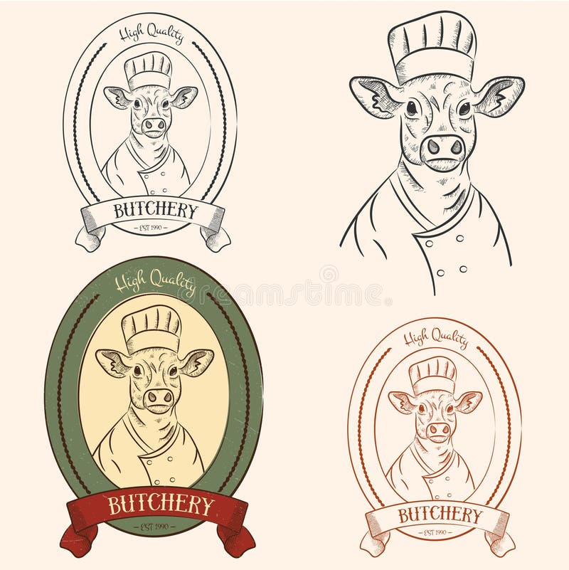 Logo Set with a Cow in a Chef S Hat. Black Lines, Colored Elements for ...