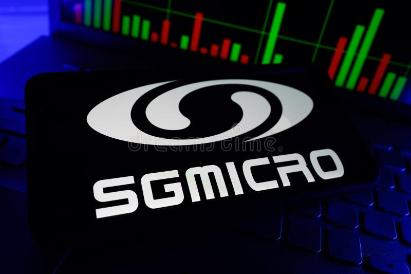 SG Micro Logo Company Branding Logo on Screen with Stock Chart Financial Performance in ...