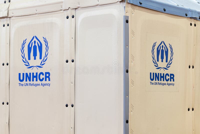 Logo UNHCR on white tent editorial photography. Image of europe - 380590787
