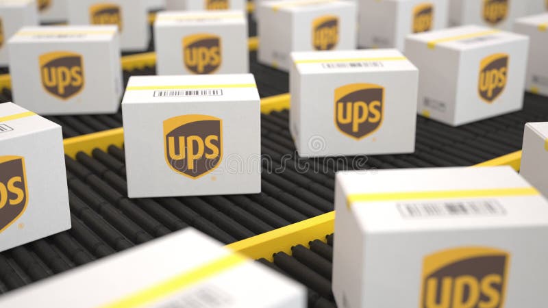 Logo of UPS on the White Boxes on the Conveyor. Editorial 3D Rendering ...