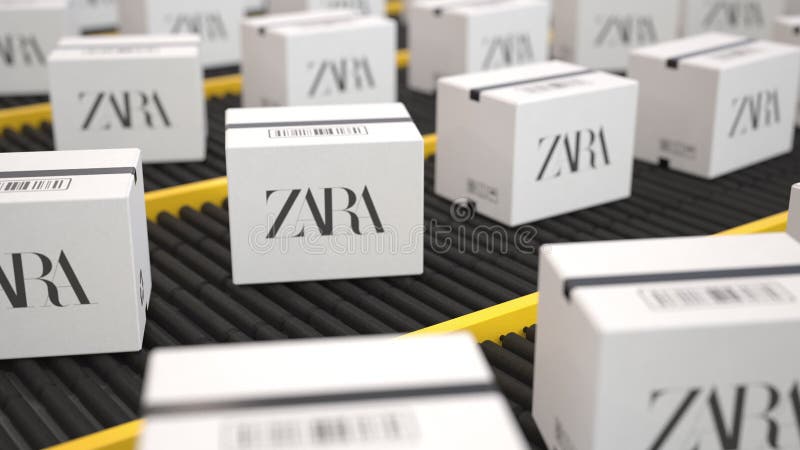 Logo of Zara on the White Boxes on the Conveyor. Editorial Loopable 3D ...