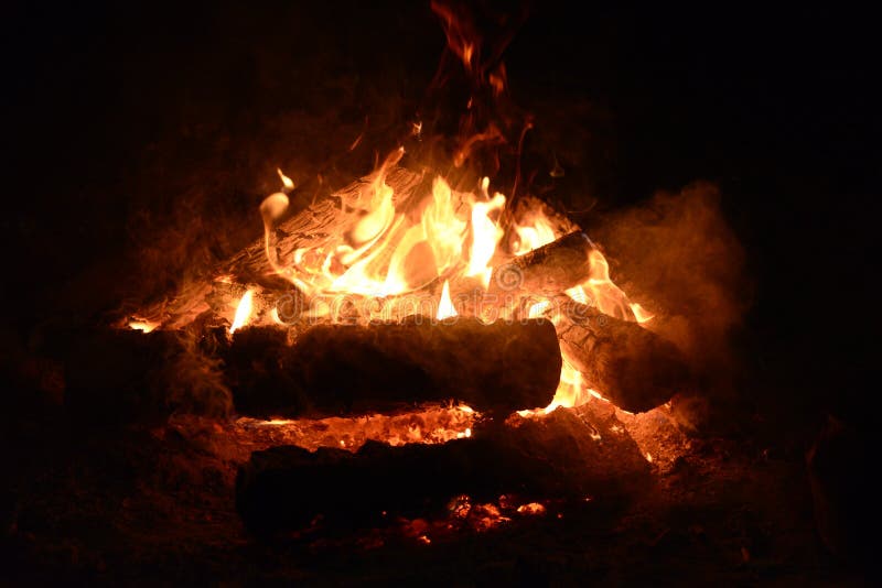 Logs Burning in the Fire at Night, Close-up Stock Photo - Image of ...