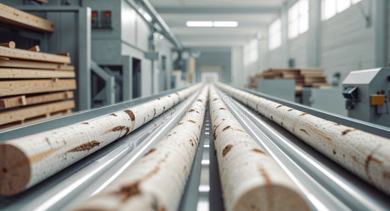 Logs Moving Along Conveyor Belt in Lumber Mill Processing Wood. Stock ...