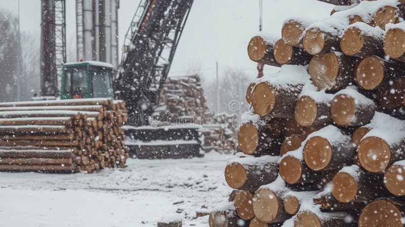 Snow Falling on Stacked Logs at Lumberyard with Crane Operating in ...