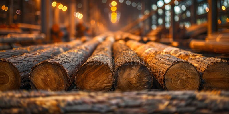 Logs Stacked in a Lumber Mill with Warm Lighting, Showcasing Raw Wood ...