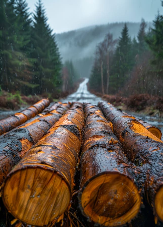 Logs Stacked Up in the Rain. a Photo of Cut Pine Trees Stacked in the ...