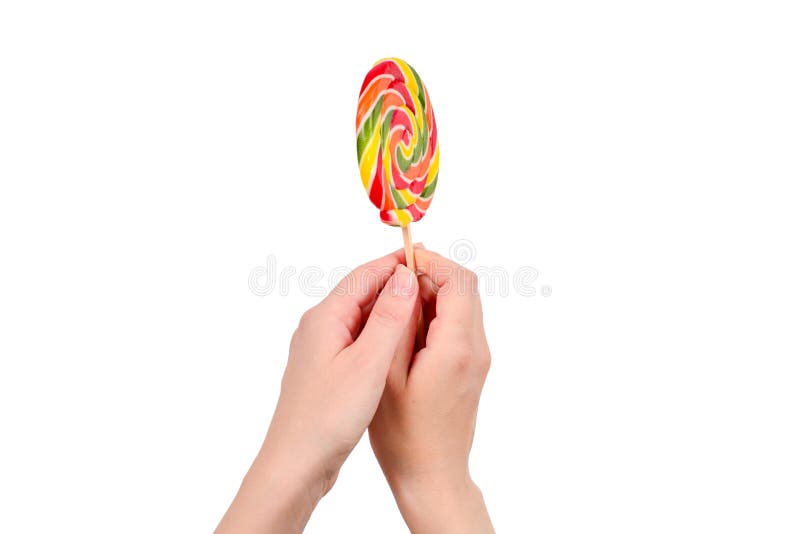 Lollipop in Female Hand Isolated on White Background. Space for Text or ...