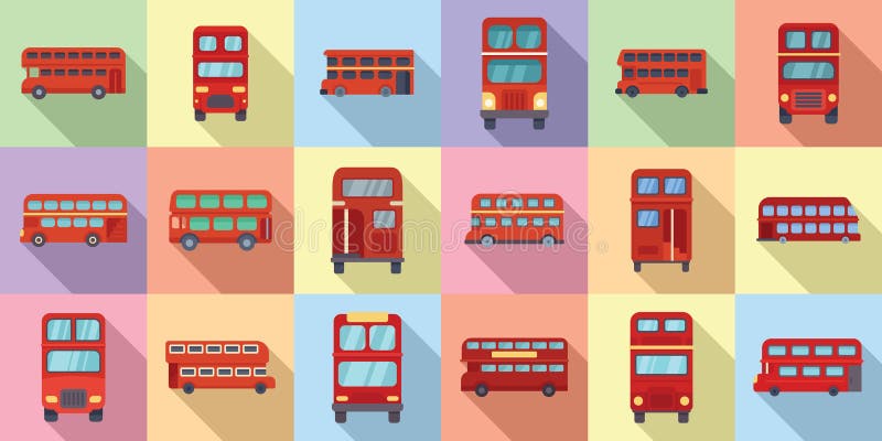 London Bus Icons Set Flat Vector. Double Decker Stock Illustration - Illustration of flat, drive ...