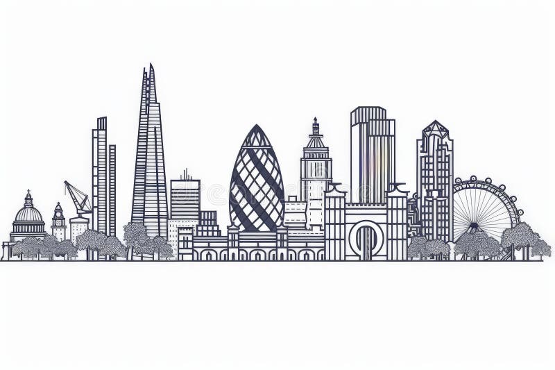London City Skyline Editable Thin Outline Illustration on White ...