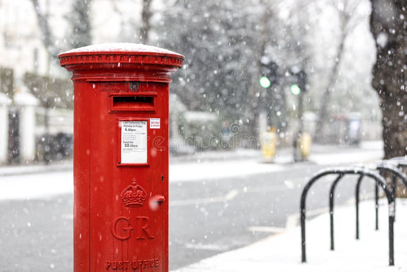 London Classic Red Mailbox Under the Falling Snow Stock Photo - Image ...