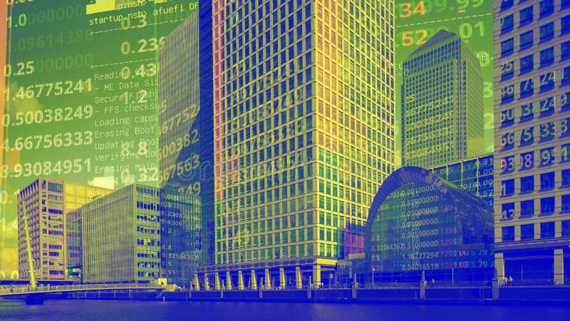 London Docklands Skyline with Data and Code Stock Photo - Image of data ...