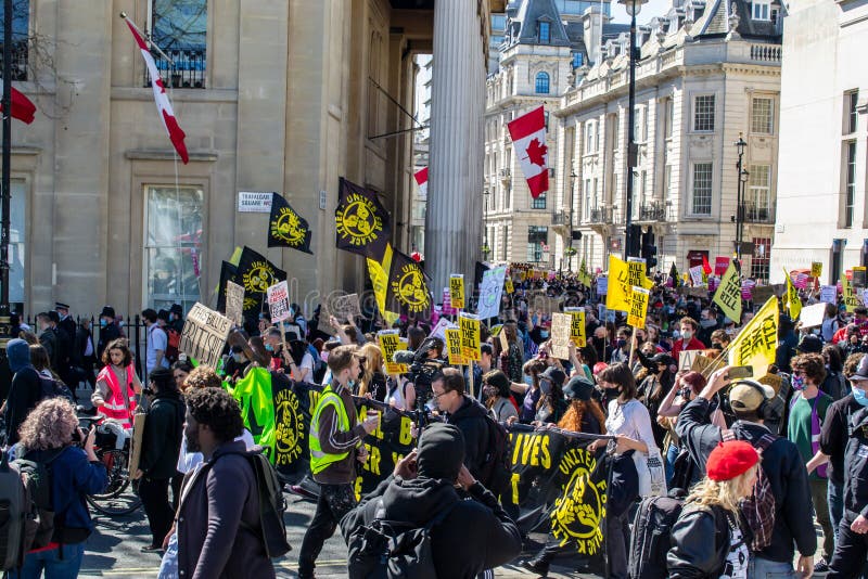 LONDON, ENGLAND- 17 April 2021: Protesters at a KILL the BILL Protest ...
