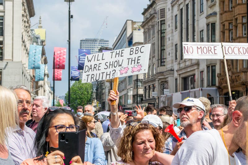 LONDON, ENGLAND- 29 May 2021: Protesters at a Unite for Freedom Anti ...