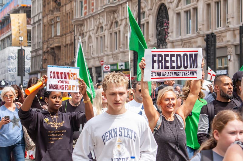 LONDON, ENGLAND- 29 May 2021: Protesters at a Unite for Freedom Anti ...