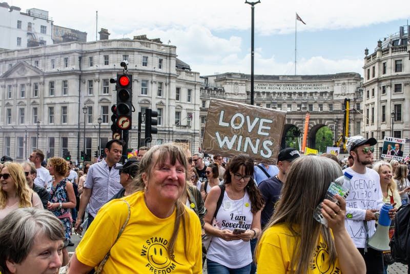 LONDON, ENGLAND- 29 May 2021: Protesters at a Unite for Freedom Anti ...
