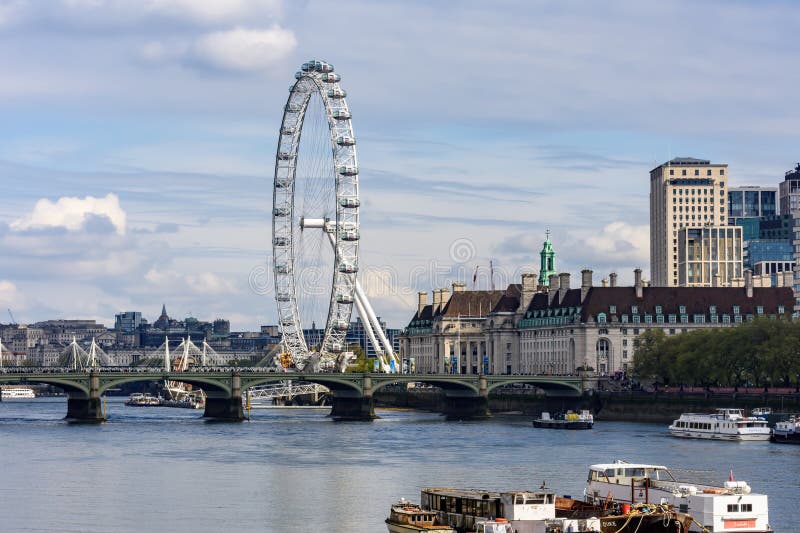 London Eye (Millenium Wheel) and Westminster Bridge Above Thames River ...