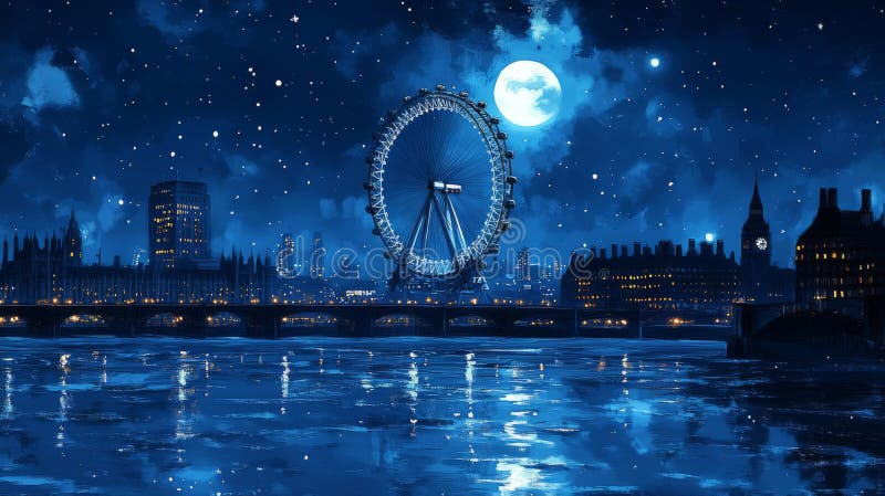 London Night Scene with Ferris Wheel and Bright Moon Stock Illustration ...