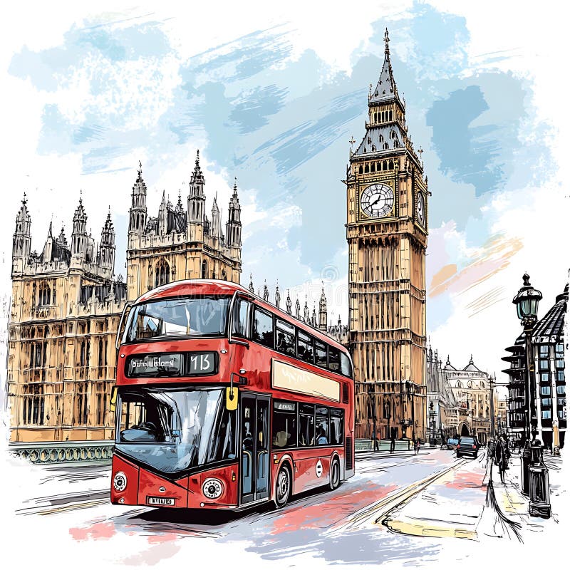 London Red Bus, Big Ben, Parliament Stock Illustration - Illustration ...