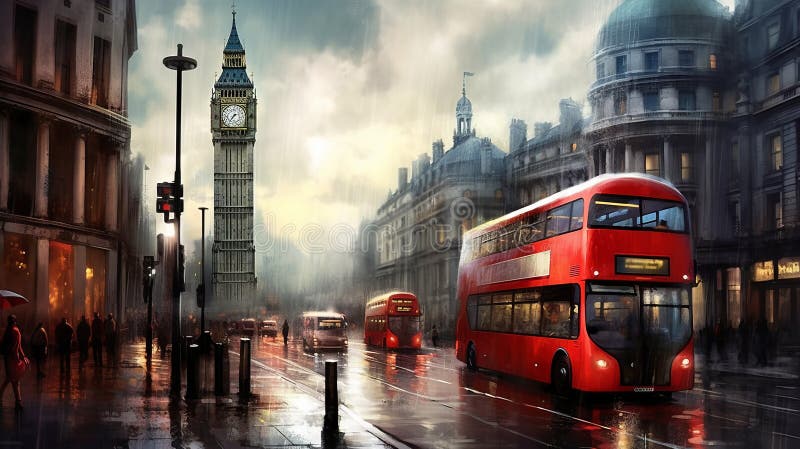 London Red Bus Driving through the City. Generative AI Stock ...