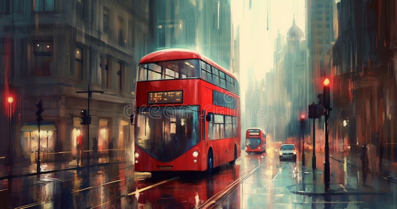 London Red Bus Driving through the City. Generative AI Stock ...