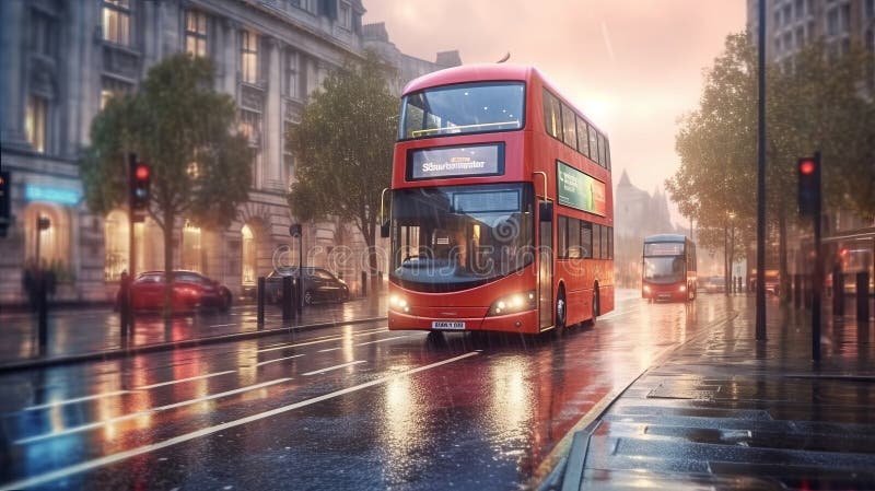 London Red Bus Driving through the City. Generative AI Stock ...