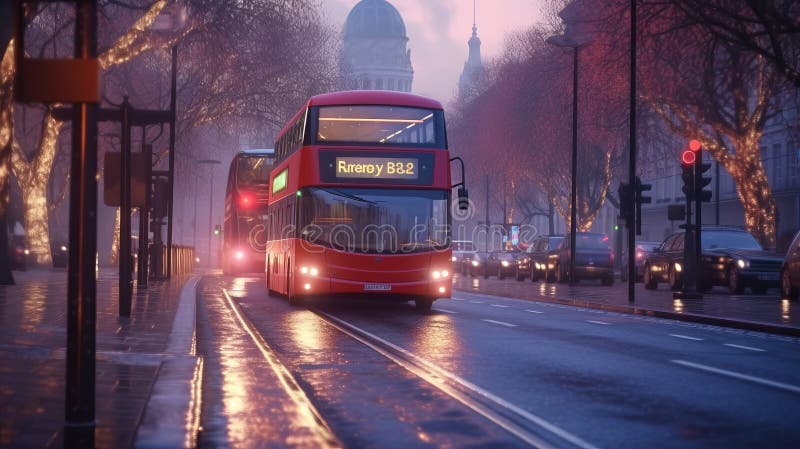 London Red Bus Driving through the City. Generative AI Stock ...