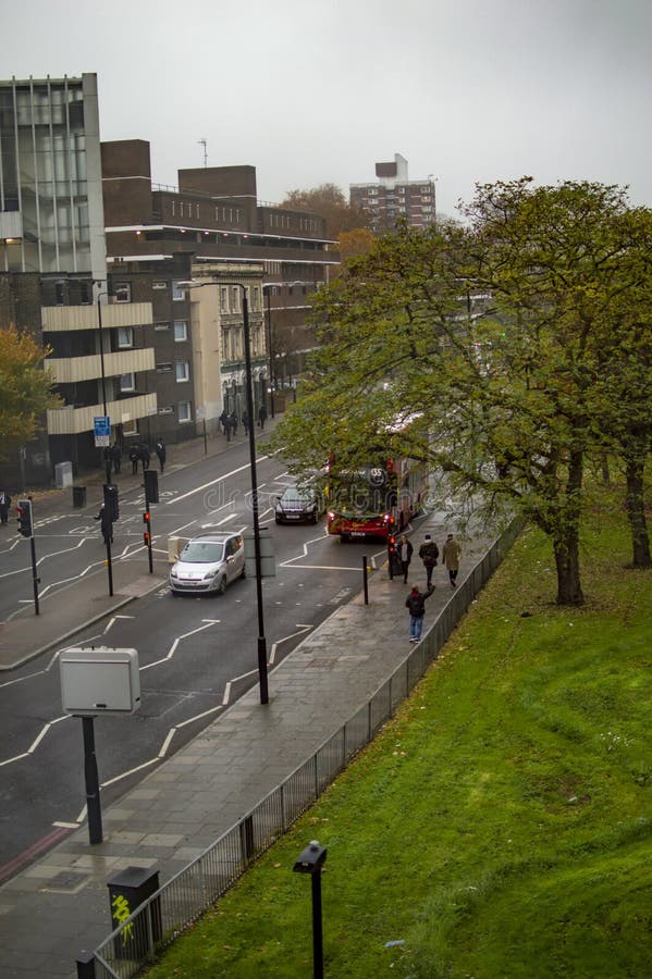 London Red Bus and Other Vehicles with Green Path Editorial Image ...