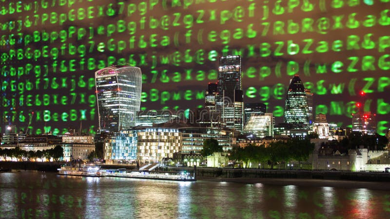 London Skyline and Data Code Stock Photo - Image of hacking ...