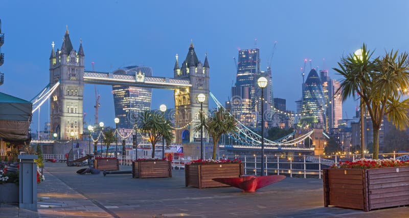 London - the Tower Bride, Promenade and Skyscrapers at Dusk Stock Photo ...